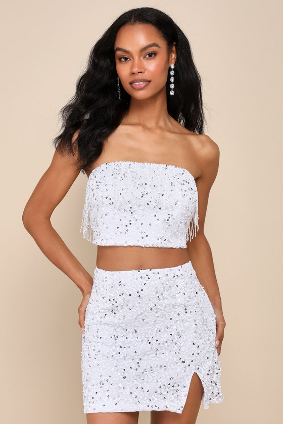 White Mini Skirt - Sequin Skirt - Beaded Skirt - A-Line Skirt - Lulus