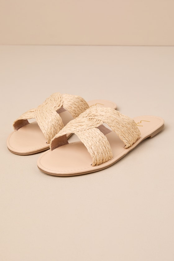 Natural Flat Sandals - Woven Raffia Sandals - Flat Slide Sandals - Lulus