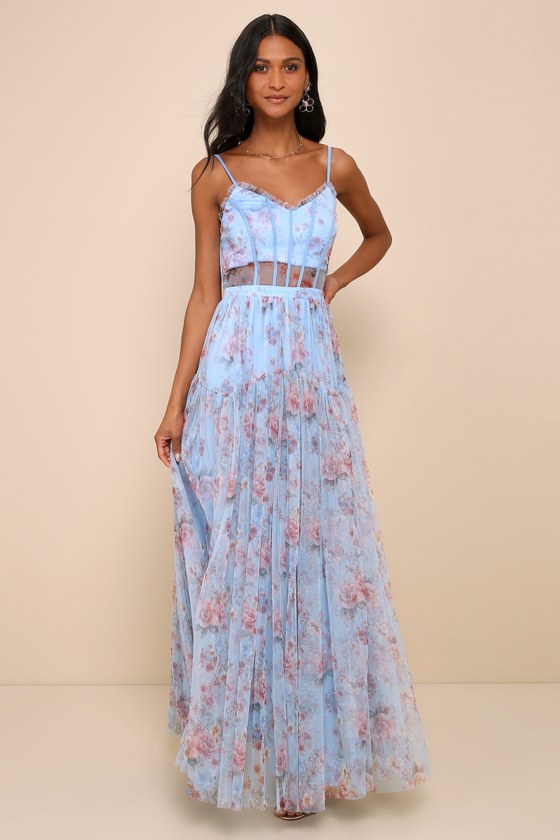 Blue Floral Dress - Mesh Tiered Maxi Dress - Bustier Maxi Dress - Lulus