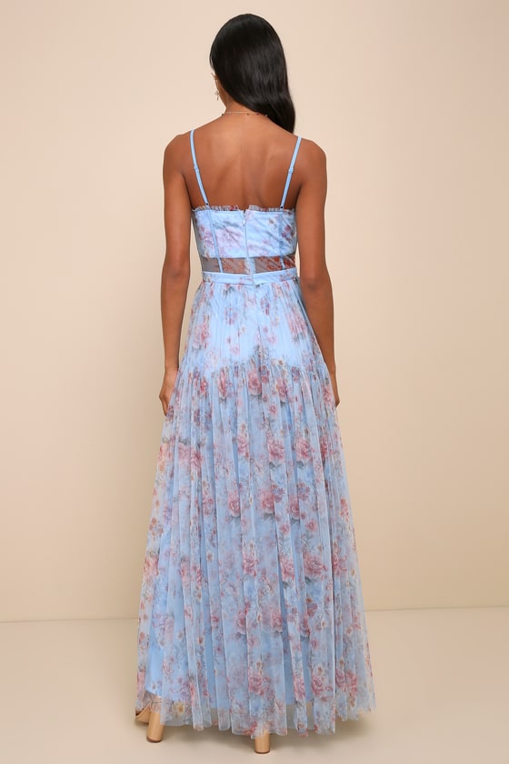 Blue Floral Dress - Mesh Tiered Maxi Dress - Bustier Maxi Dress - Lulus