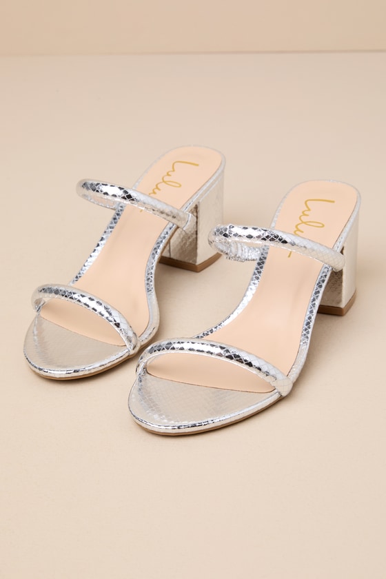 Silver Snake-Embossed Heels - Slide Sandals - Silver Sandals - Lulus