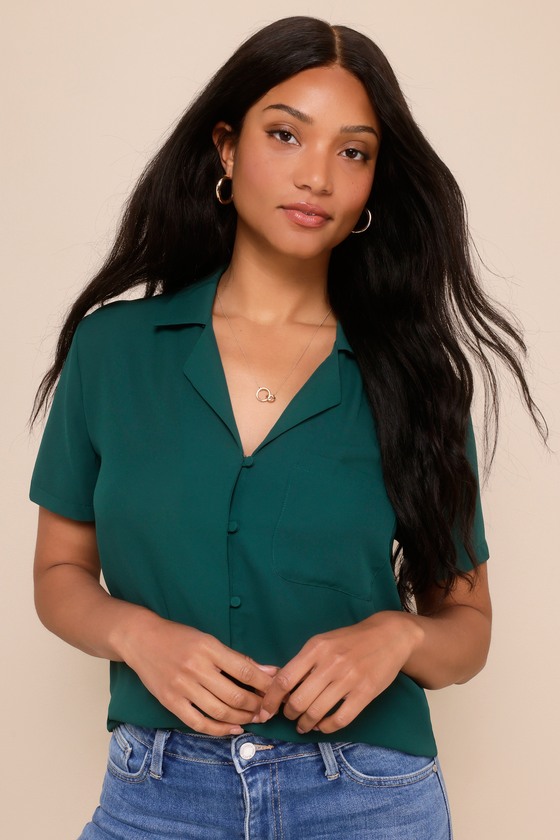 Chic Dark Green Top - Button-Up Top - Short Sleeve Top - Lulus