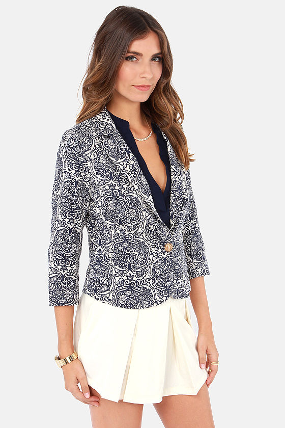Cute Blue Blazer - Floral Print Blazer - Cropped Blazer - $54.00