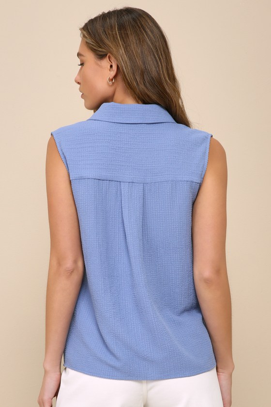 Blue Textured Top - Sleeveless Button-Up Top - Collared Top - Lulus