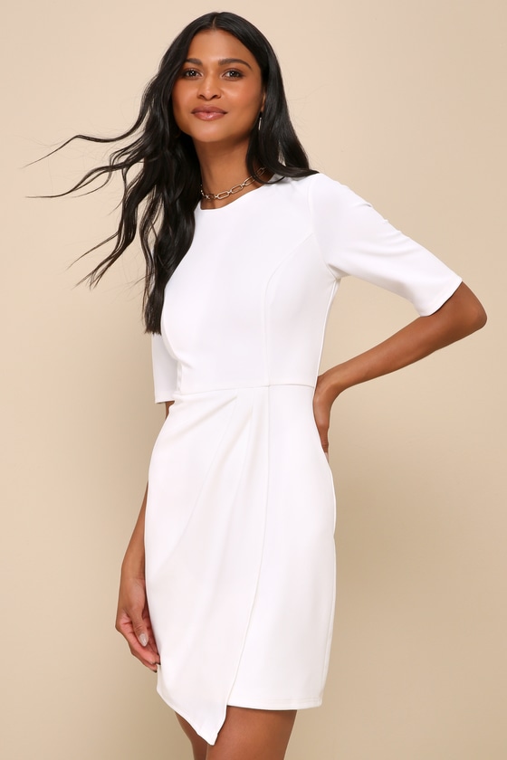 Chic White Dress - Half Sleeve Dress - Crewneck Sheath Dress - Lulus