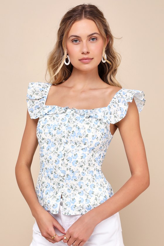 Ivory Floral Top - Off-the-Shoulder Top - Button-Front Top - Lulus