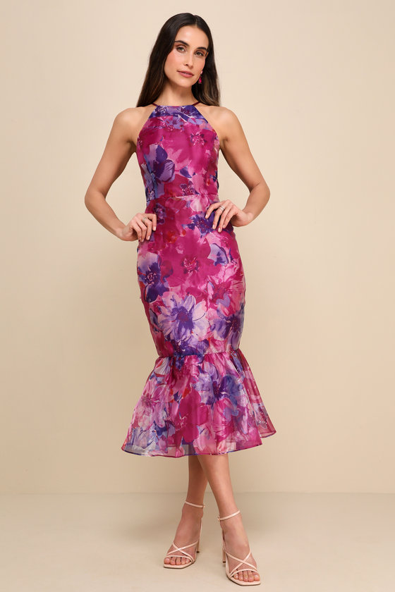 Magenta Floral Dress - Trumpet Midi Dress - Organza Midi Dress - Lulus