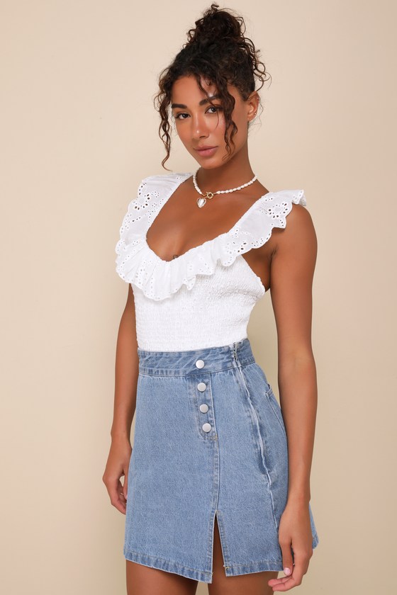 Medium Wash Mini Skirt - Denim Skirt - High-Rise Mini Skirt - Lulus