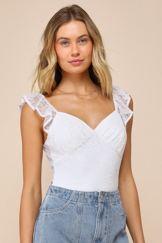 White Lace Bodysuit - Cute Ruffled Bodysuit - Tie-Back Bodysuit - Lulus