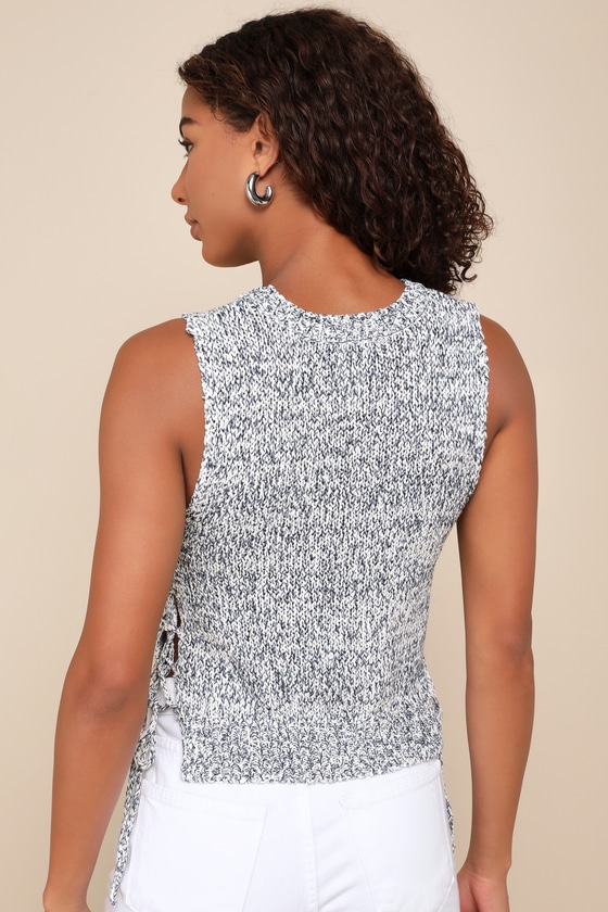 Blue Marled Top - Knit Lace-Up Top - Sweater Tank Top - Lulus