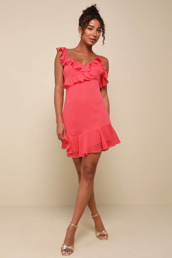 Coral Pink Mini Dress - Ruffled Mini Dress - Asymmetrical Dress - Lulus