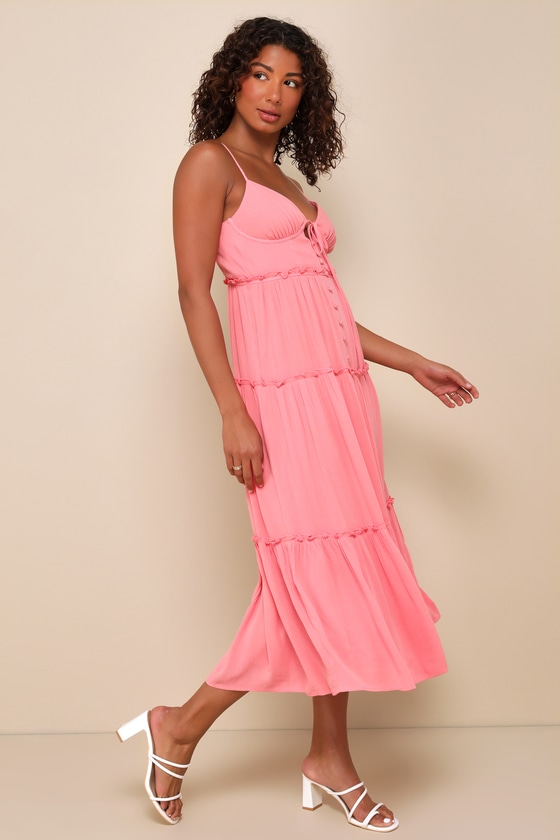 Coral Pink Ruffled Dress - Button-Front Dress - Cute Midi Dress - Lulus
