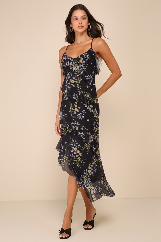 Steve Madden Aida - Black Floral Mesh Dress - Ruffled Midi Dress - Lulus