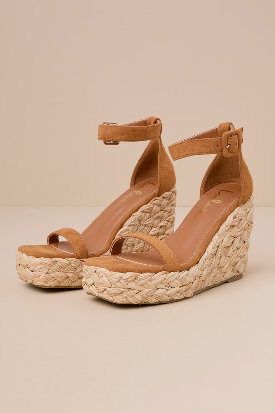 Brown Ankle Strap Wedges - Raffia-Wrapped Wedges - Suede Sandals - Lulus