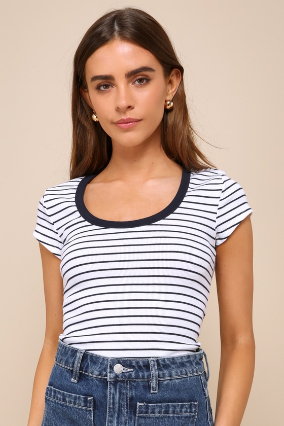White Striped Tee - Scoop Neck Tee - Ribbed Knit Short Sleeve Tee - Lulus