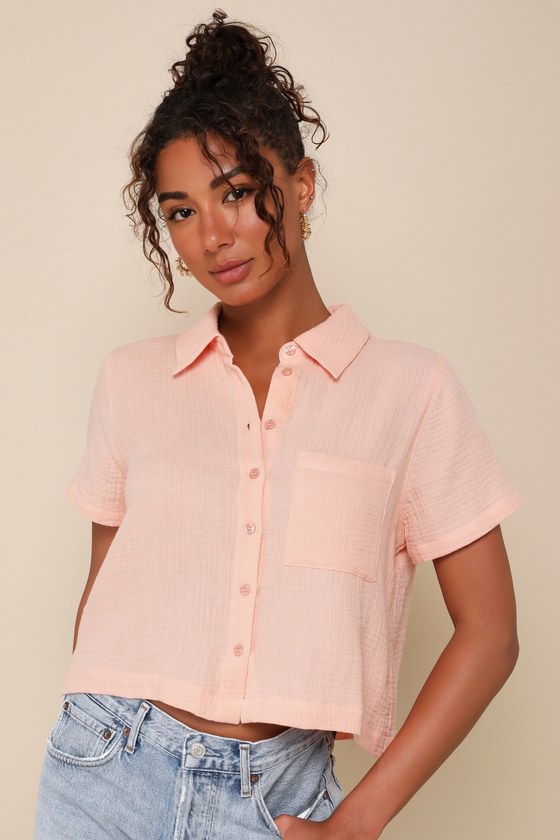 Peach Button-Up Top - Collared Button-Up - Cotton Button-Up Top - Lulus