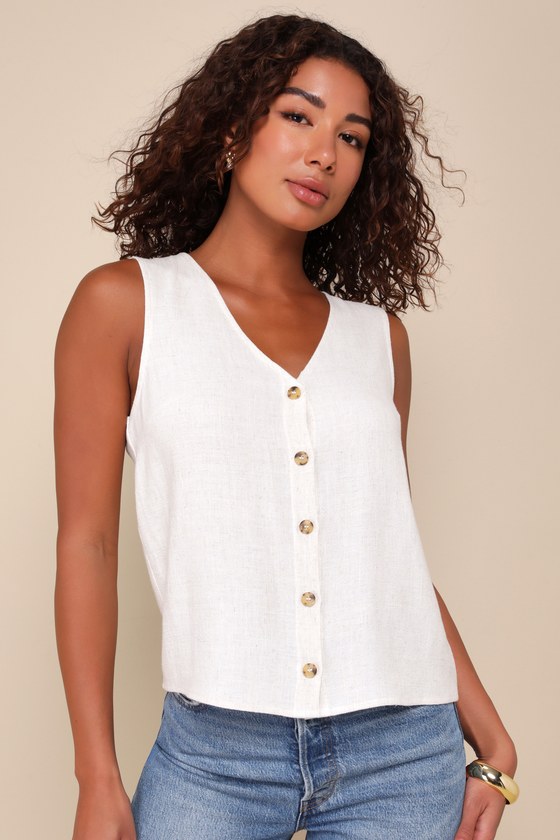 Cute Beige Linen Top - Button-Front Top - Sleeveless Vest Top - Lulus