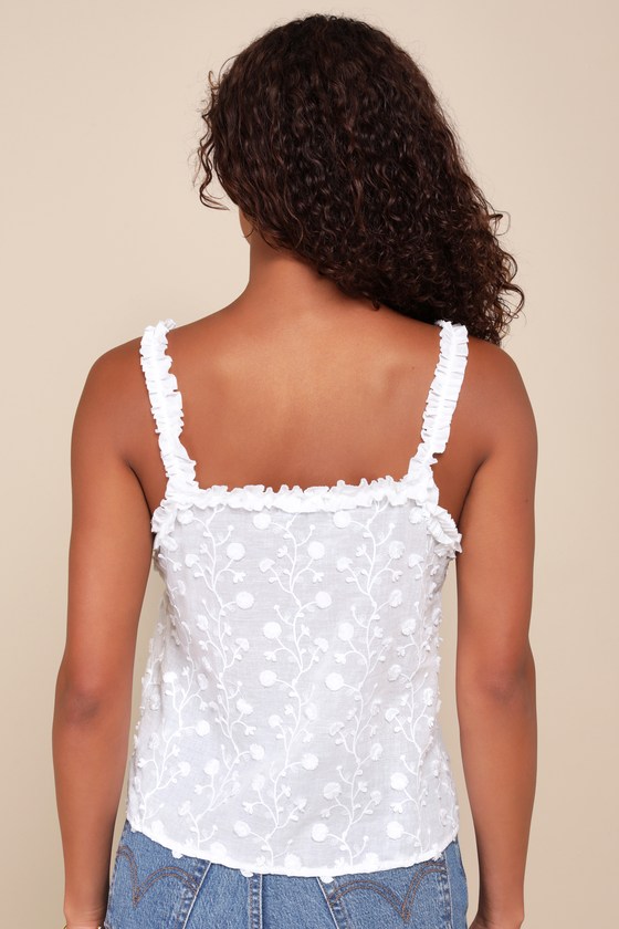 Ivory Cotton Top - Embroidered Tank Top - Ruffled Sleeveless Top - Lulus