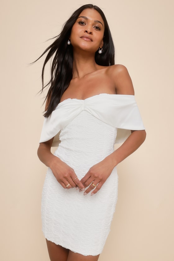 White Lace Bodycon Satin Bodice Dress Off The Shoulder Lwd Lulus