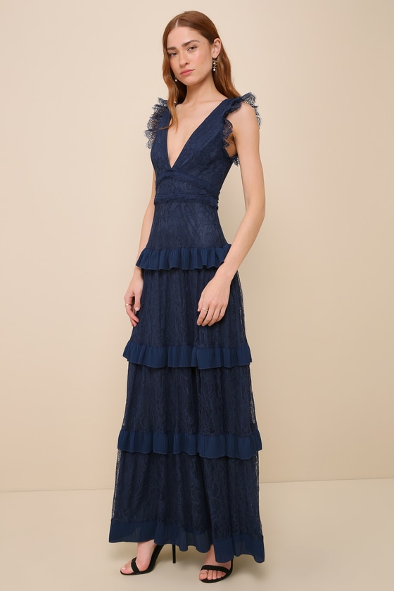 Navy Blue Lace Dress - Ruffle Pleated Dress - Tiered Maxi Dress - Lulus