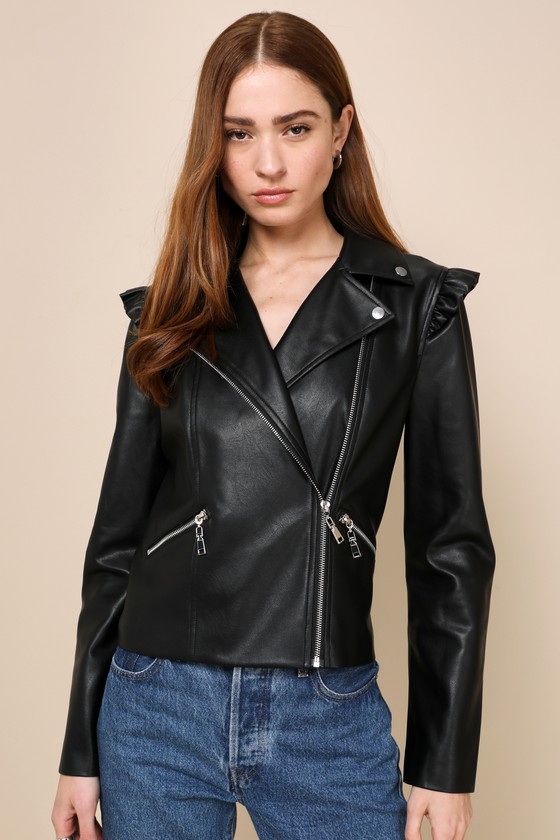 Black Ruffle Shoulder Jacket - Moto Jacket - Motorcycle Jacket - Lulus
