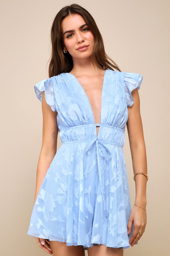 Light Blue Romper - Jacquard Floral Romper - Short Sleeve Romper - Lulus
