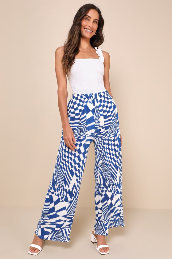 Blue & White Pants - Abstract Print Pants - Plisse Pants - Lulus