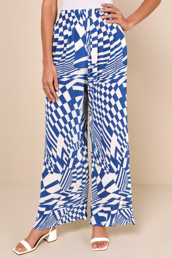 Blue & White Pants - Abstract Print Pants - Plisse Pants - Lulus
