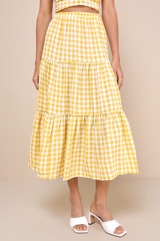 Yellow Gingham Midi Skirt - Tiered A-line Skirt - High-Rise Skirt - Lulus