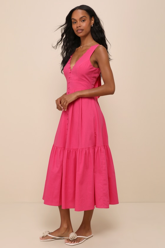 Hot Pink Linen Dress - Tie-Back Midi Dress - Button Midi Dress - Lulus