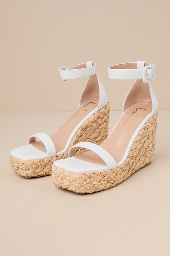 White Ankle Strap Wedges - Raffia-Wrapped Wedges - Wedge Sandals - Lulus