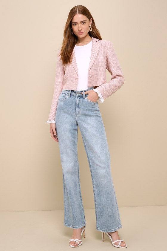 Pink Tweed Blazer - Ruffled Blazer - Collared Cropped Blazer - Lulus