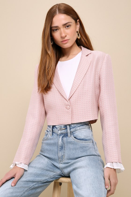 Pink Tweed Blazer - Ruffled Blazer - Collared Cropped Blazer - Lulus