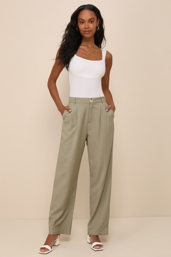 Olive Green Linen Pants High Rise Wide Leg Pants Trousers Lulus