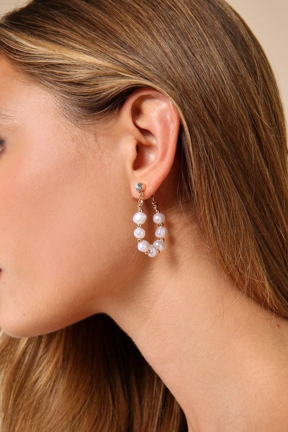 Gold Rhinestone Earrings - Pearl Loop Earrings - Loop Earrings - Lulus