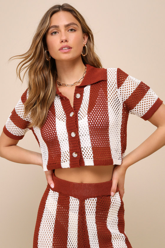 Ivory Striped Top - Sheer Crochet Top - Collared Button-Up Top - Lulus