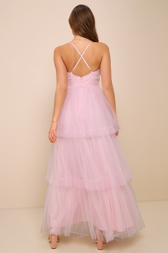 Light Pink Tulle Gown - Tulle Tiered Gown - Backless Maxi Dress - Lulus