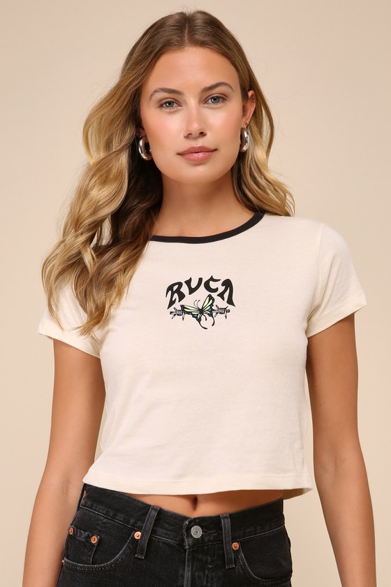 RVCA Shrunken Ringer Tee - Cropped Short Sleeve Tee - Graphic Tee - Lulus