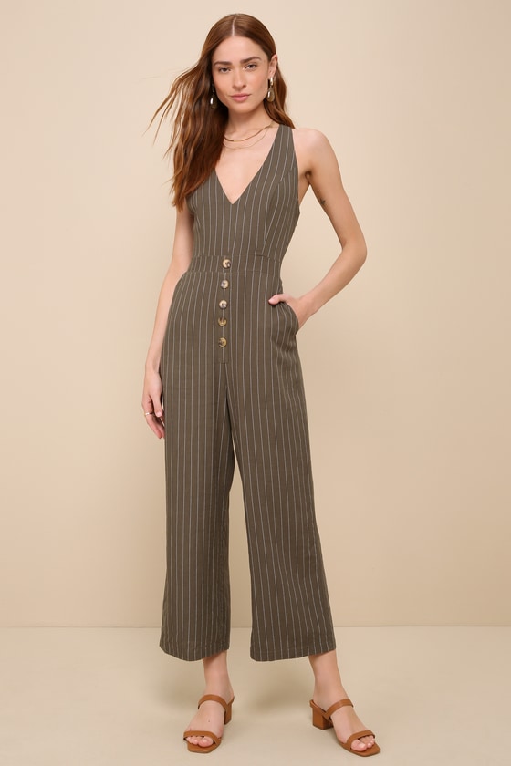Olive Striped Jumpsuit - Cropped Jumpsuit - Racerback Jumpsuit - Lulus