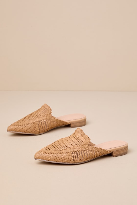 Khaki Raffia Woven Slides - Pointed-Toe Mules - Mule Slides - Lulus