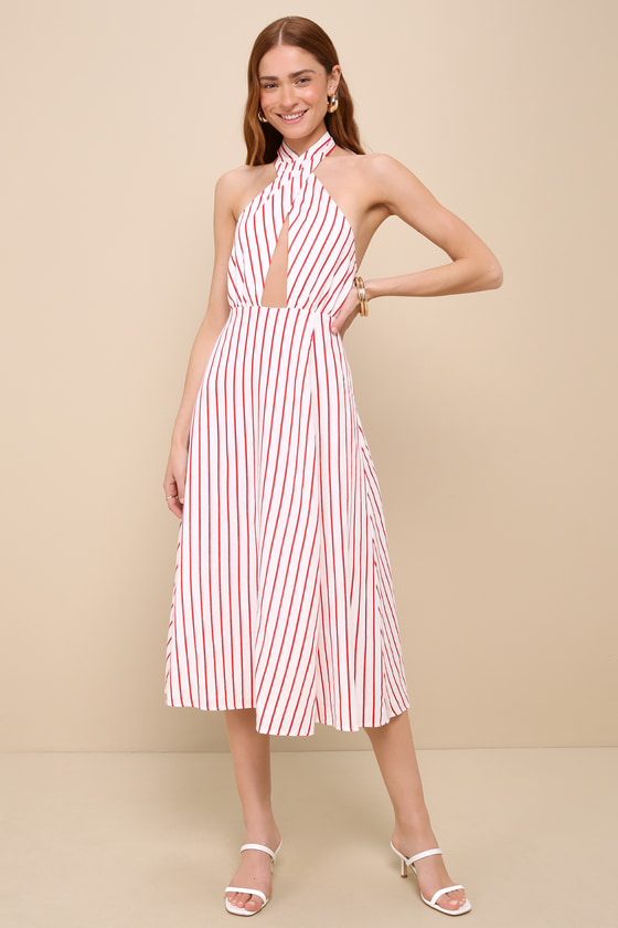 White and Red Striped Dress - Cutout Halter Dress - Midi Dress - Lulus