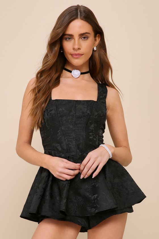 Black Floral Jacquard Romper Bustier Romper Skort Romper Lulus