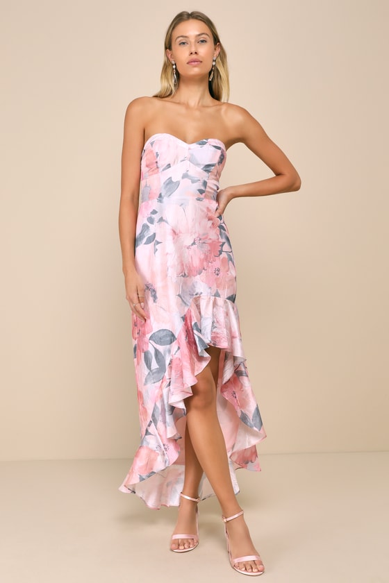 Pink Floral Dress - Strapless High-Low Dress - Tiered Maxi Dress - Lulus