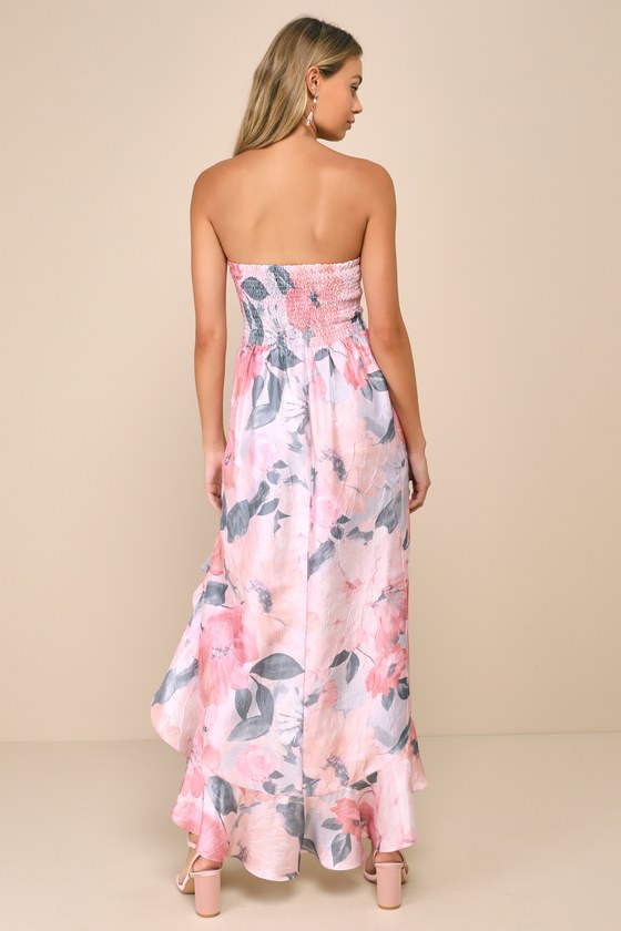 Pink Floral Dress Strapless High Low Dress Tiered Maxi Dress Lulus