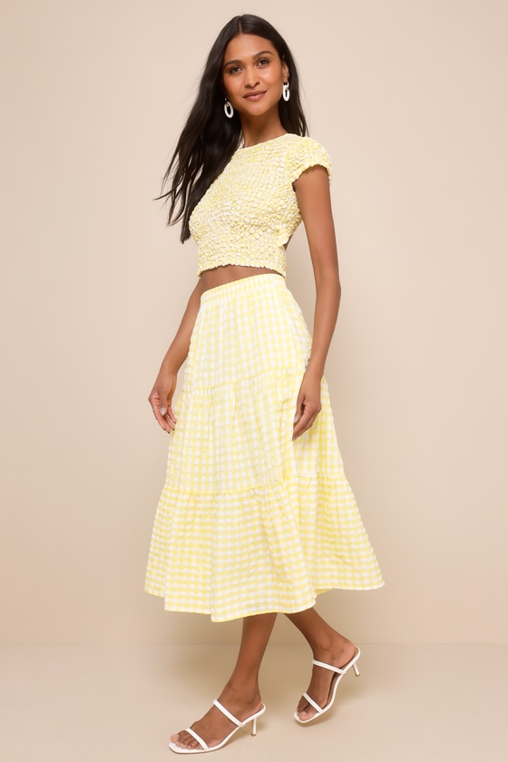 Yellow Gingham Dress - 2-PC Midi Dress - Smocked Tiered Dress - Lulus