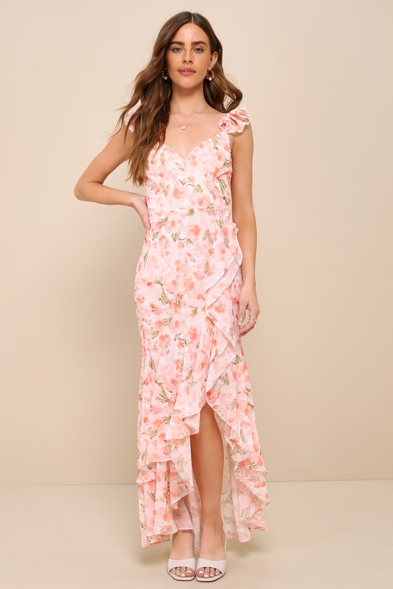 Peach Pink Floral Dress - Ruffled Dress - High-Low Maxi Dress - Lulus