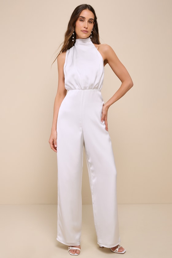 White Jumpsuit Asymmetrical Jumpsuit Satin Bridal Jumpsuit Lulus