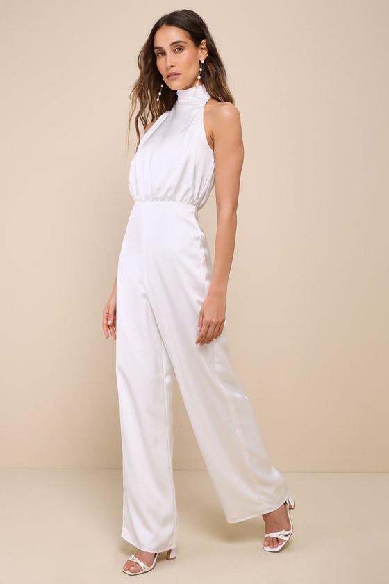 White Jumpsuit - Asymmetrical Jumpsuit - Satin Bridal Jumpsuit - Lulus
