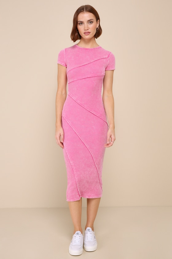 Washed Pink Ribbed Dress - Short Sleeve Dress - Seamed Midi Dress - Lulus