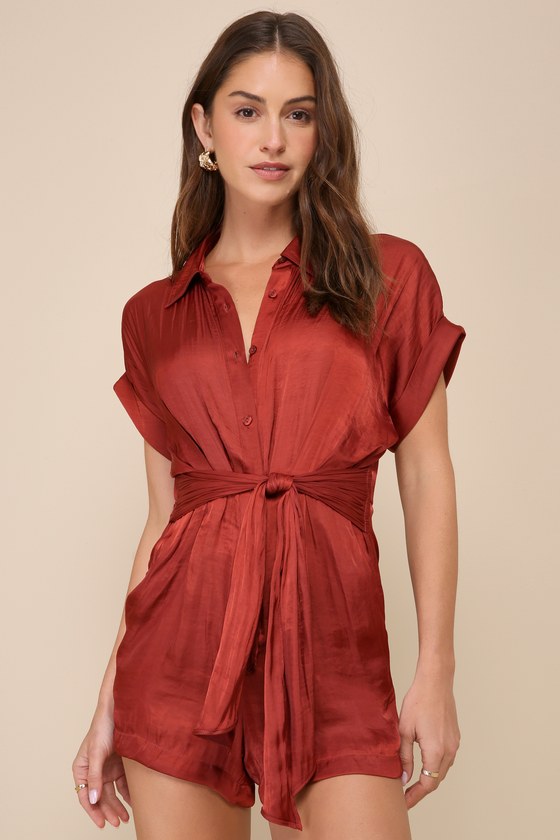 Steve Madden Tori - Rust Red Romper - Satin Collared Romper - Lulus